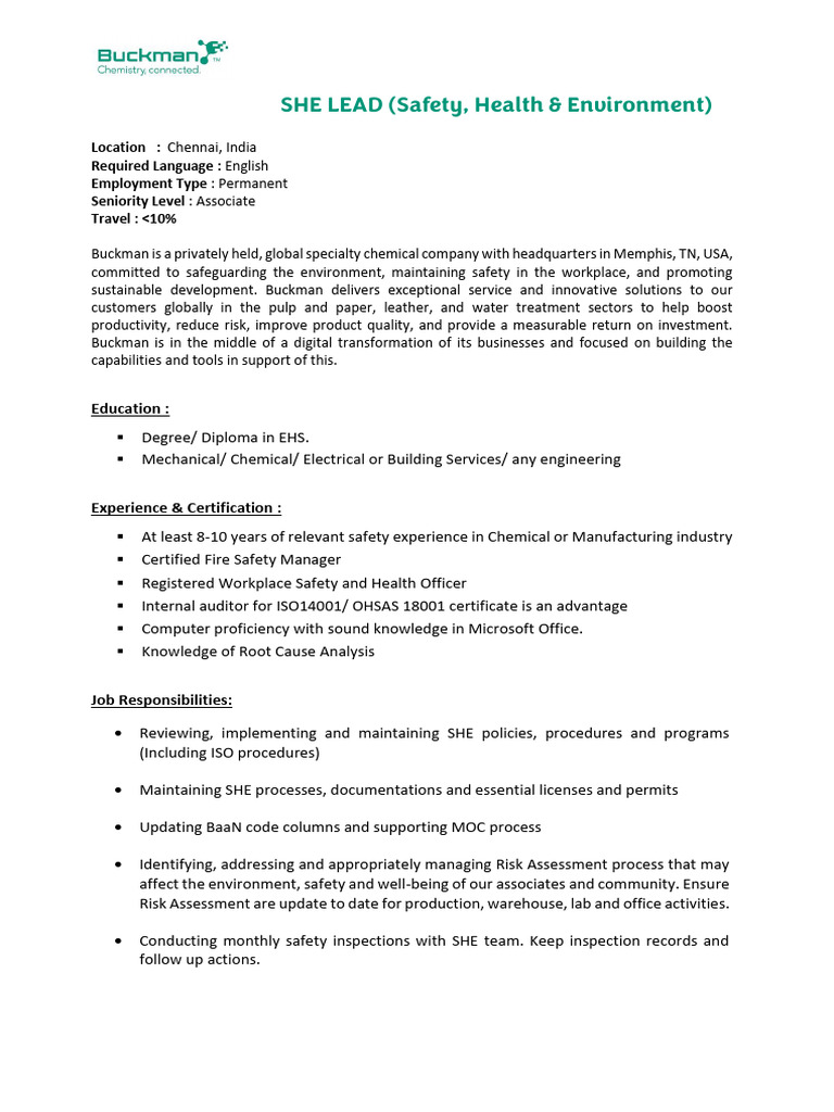 Job Description - SHE Lead | PDF | Labor | Business