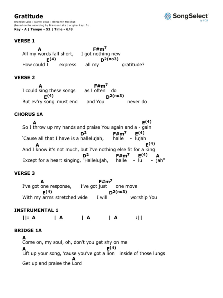 Gratitude - SongSelect Chart in A | PDF