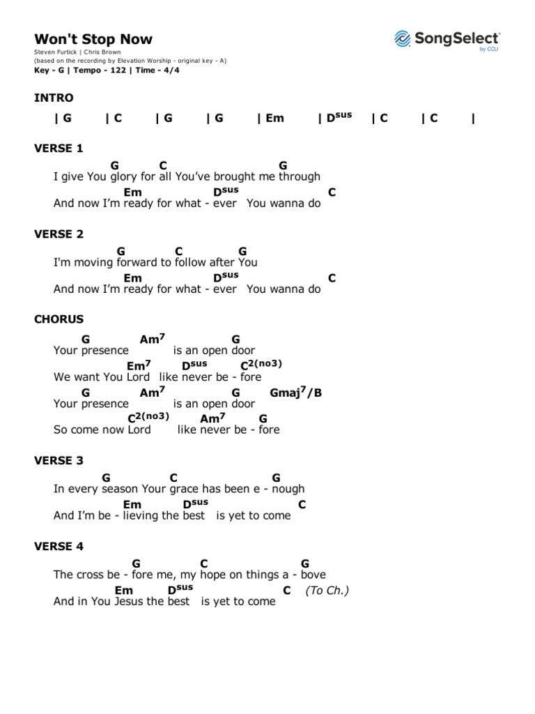 Won - T Stop Now - SongSelect Chart in G | PDF