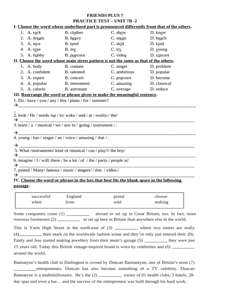 ĐB - Fp7 - Practice Test Unit 7b - 2 | PDF
