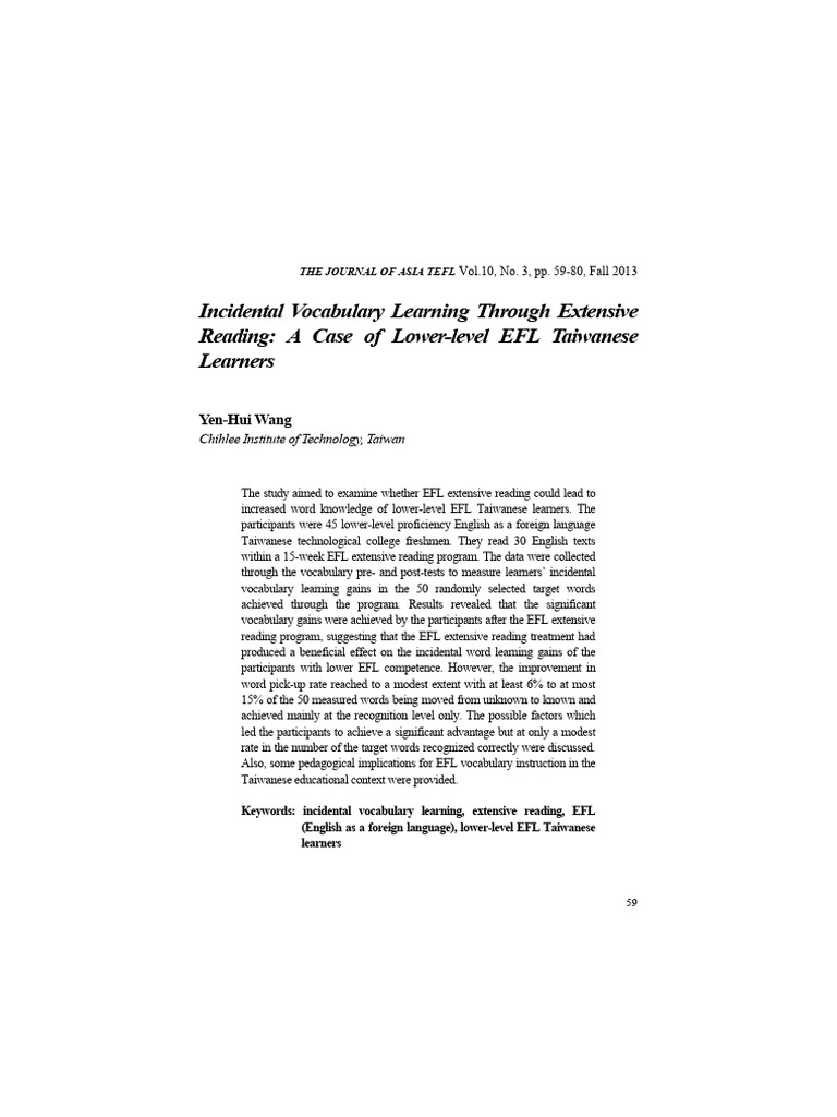 AsiaTEFL V10 N3 Autumn 2013 Incidental Vocabulary Learning Through Extensive Reading A Case of ...