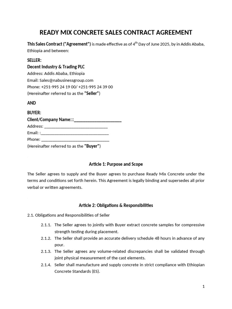 READY MIX CONCRETE SALES CONTRACT AGREEMENT-Final | PDF | Indemnity ...
