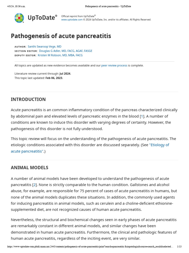 Pathogenesis of Acute Pancreatitis - UpToDate | PDF | Pancreas | Trypsin
