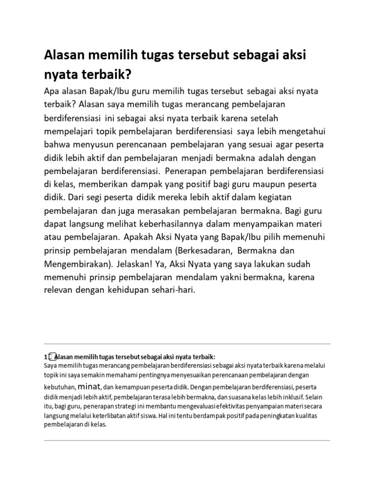 Alasan Memilih Tugas Tersebut Sebagai Aksi Nyata Terbaik | PDF
