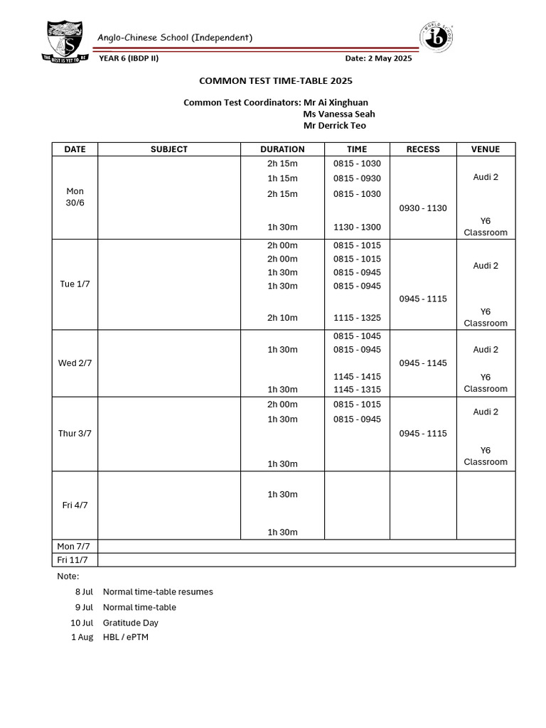 Year 6 Common Test Timetable 2025 | PDF | Science | Inquiry
