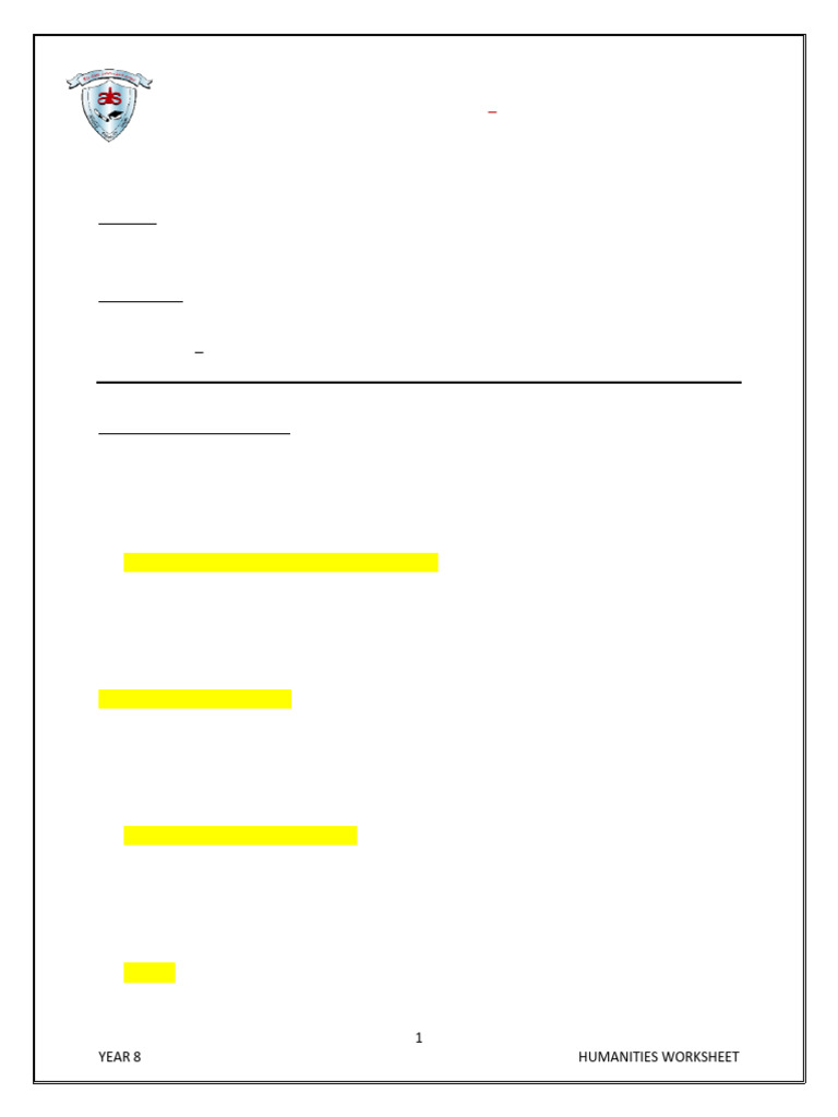 Year 8 Humanities Revision Worksheet | PDF