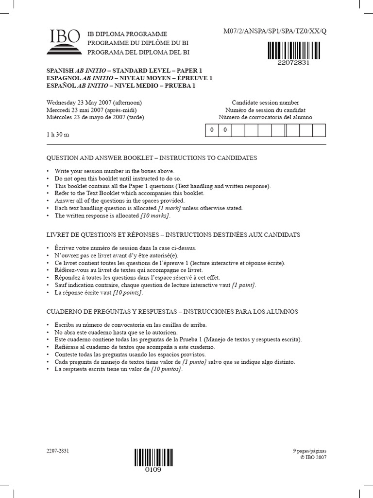 Spanish Ab Initio Paper 1 Question Booklet SL | PDF