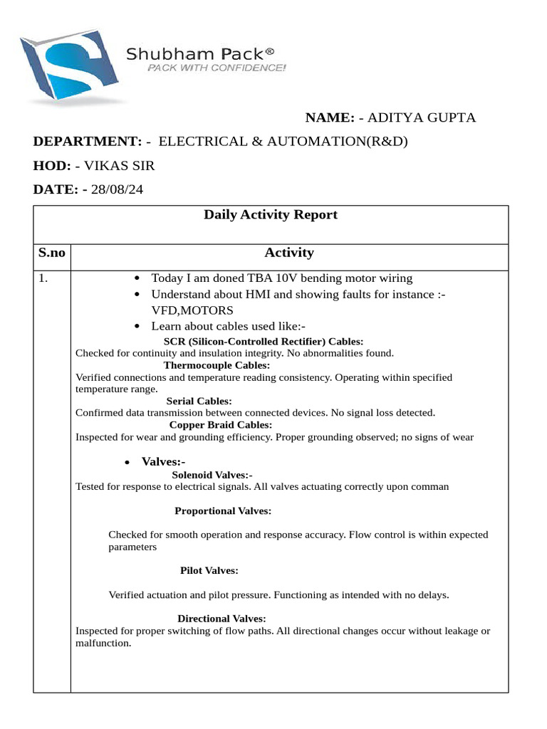 Daily Activity Report: Electrical R&D Tasks | PDF