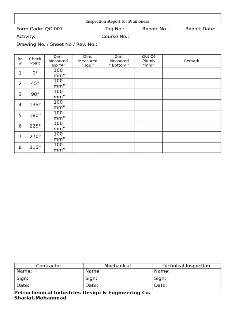 Inspection Report For Plumbness | PDF