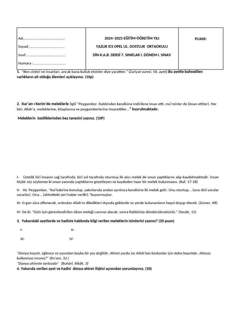 Sinif 1. Dönem 1. Yazili Dkab 2024-2025 | PDF