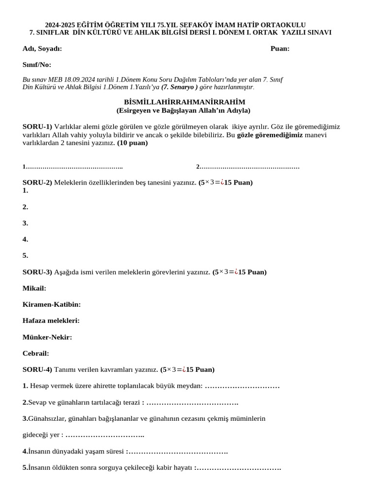 Dkab 7. Sınıf. 1. YAZILI | PDF