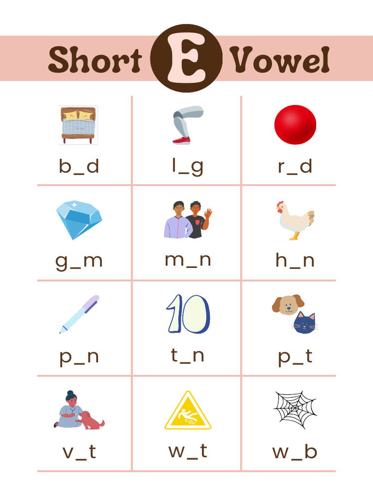 Short E Vowel Early Literacy English Worksheet in Illustrative Style | PDF
