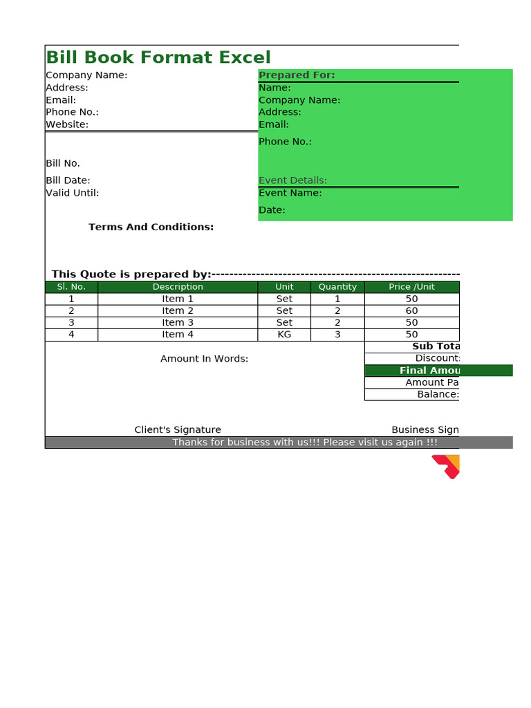 Bill Book Format Excel 03 | PDF
