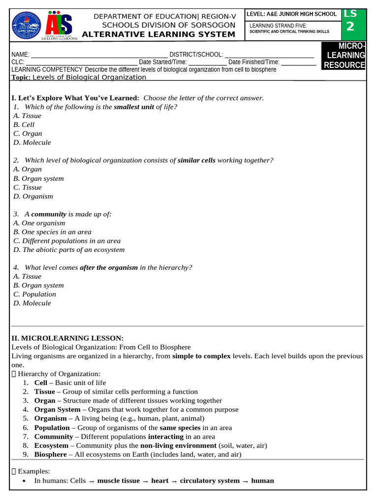 LS2 JHS Describe The Different Levels of Biological Organization From ...