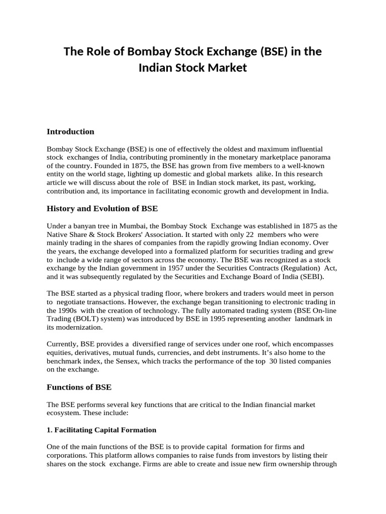 Role and Functions of BSE in India | PDF | Stock Exchange | Market ...