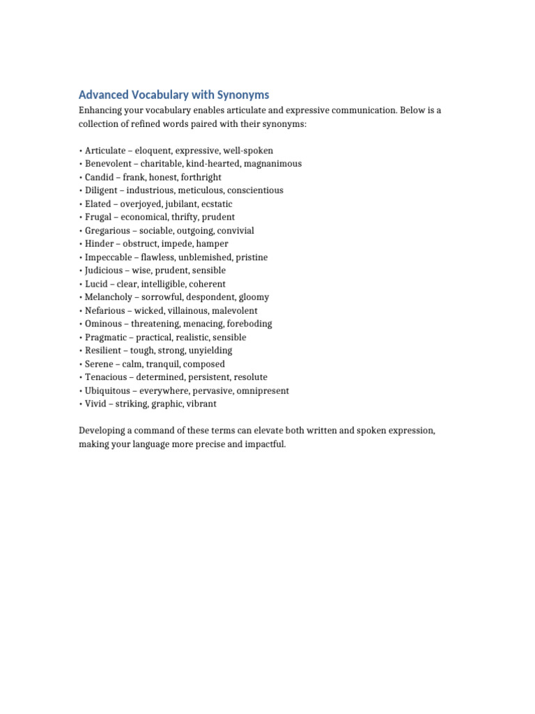 Advanced Vocabulary Synonyms | PDF