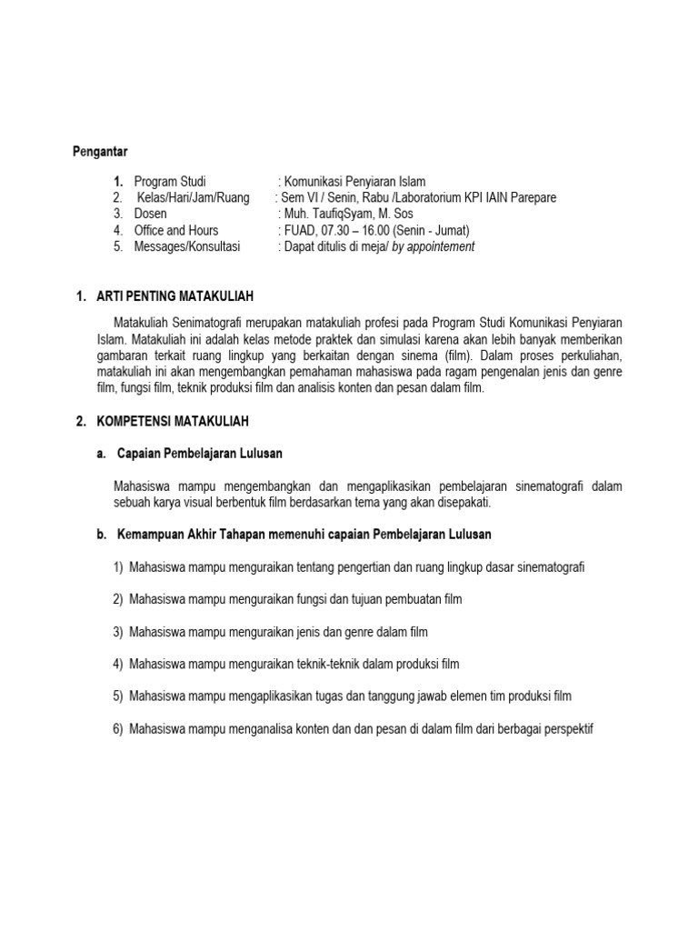 Outline Matakuliah Cinematography | PDF