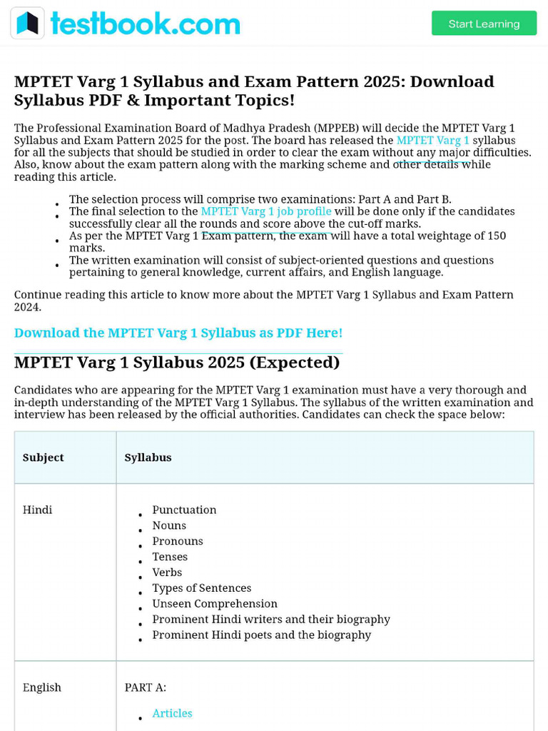 MPTET Varg 1 Syllabus and Exam Pattern 2025 - Download Syllabus PDF & Important Topics! | PDF