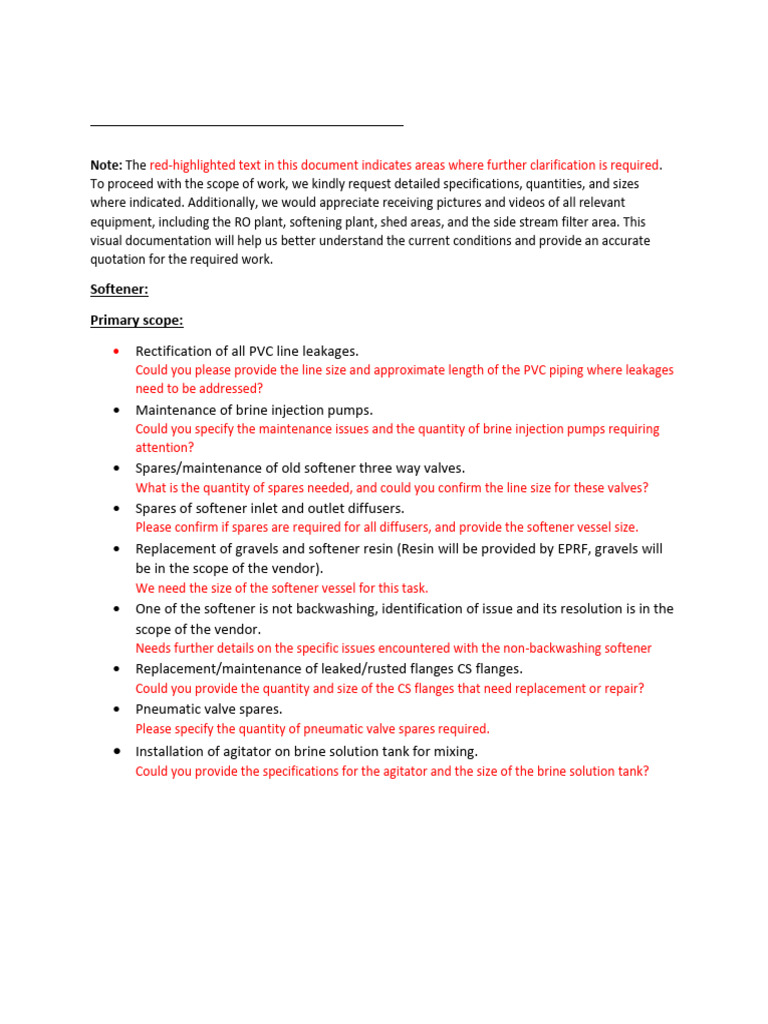 Clarification Required For Softener and RO Refurbishment Scope | PDF ...