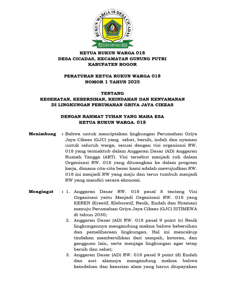 Peraturan Ketua RW 018 No. 1 Tahun 2025 | PDF