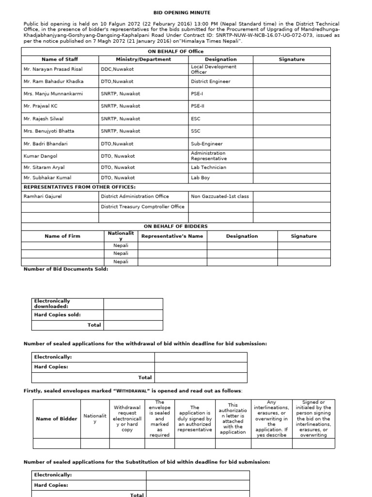 Public Bid Opening Minute-Checklist | PDF