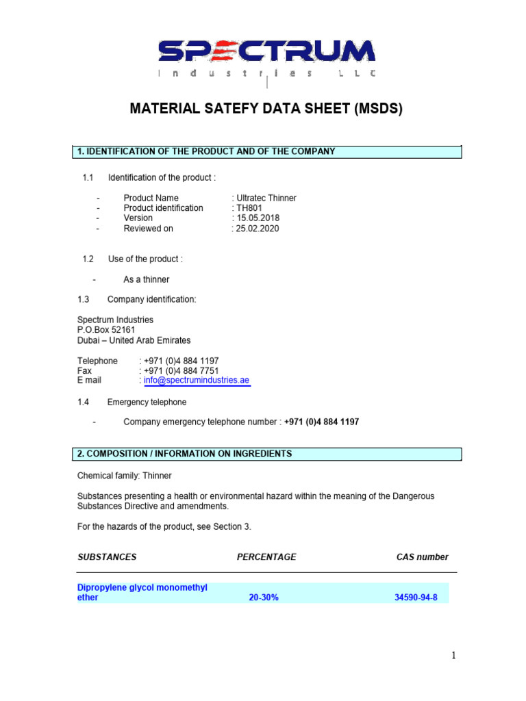MSDS - Ultratec Thinner - TH-801 | PDF | Dangerous Goods | Personal Protective Equipment