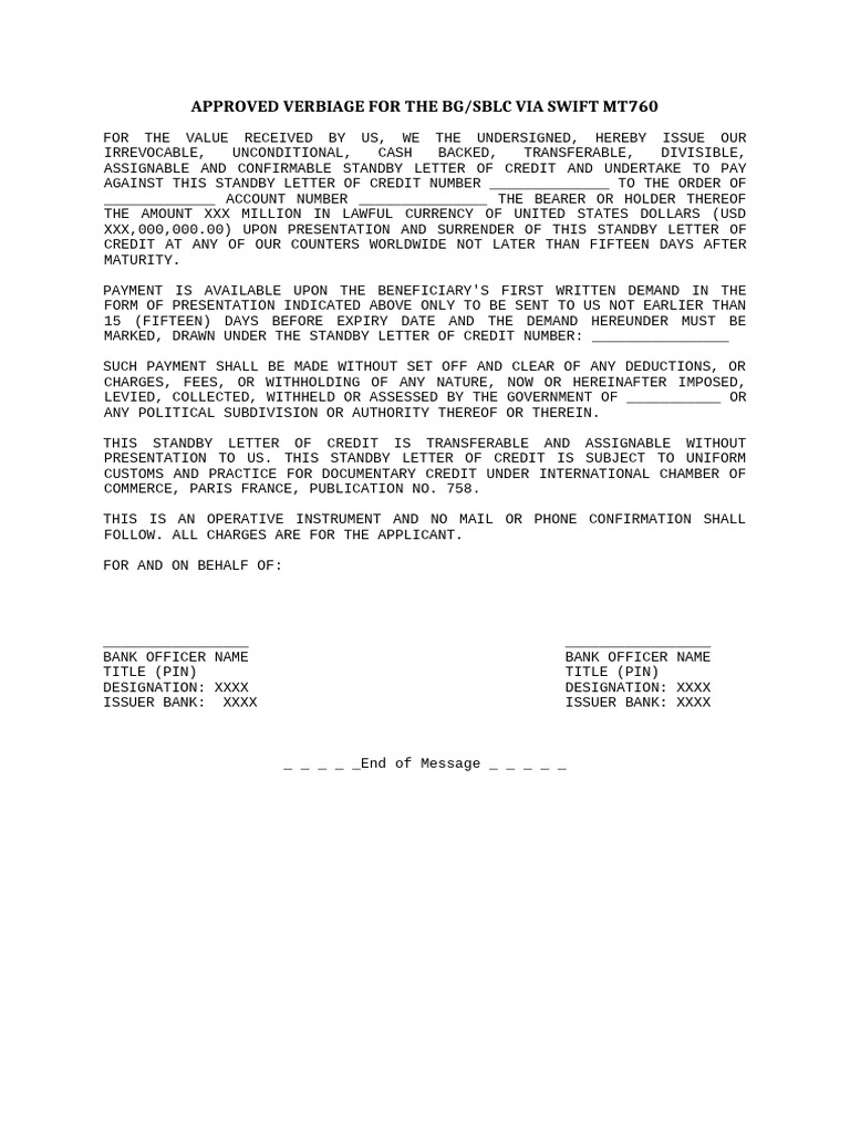 Approved Verbiage For The BG-SBLC | PDF