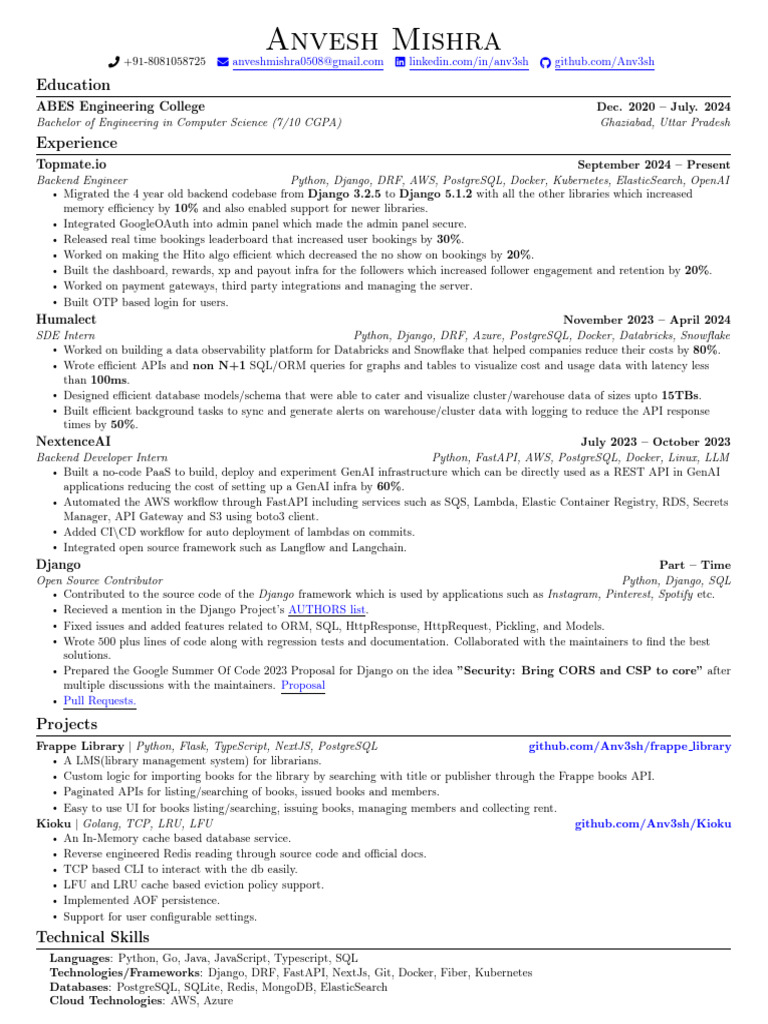 Anvesh Mishra Resume 2025 | PDF | Postgre Sql | Databases