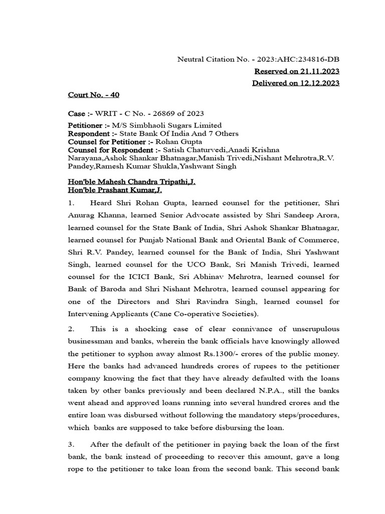 MS Simbhaoli Sugars Limited Vs State Bank of India | PDF | Loans | Banks