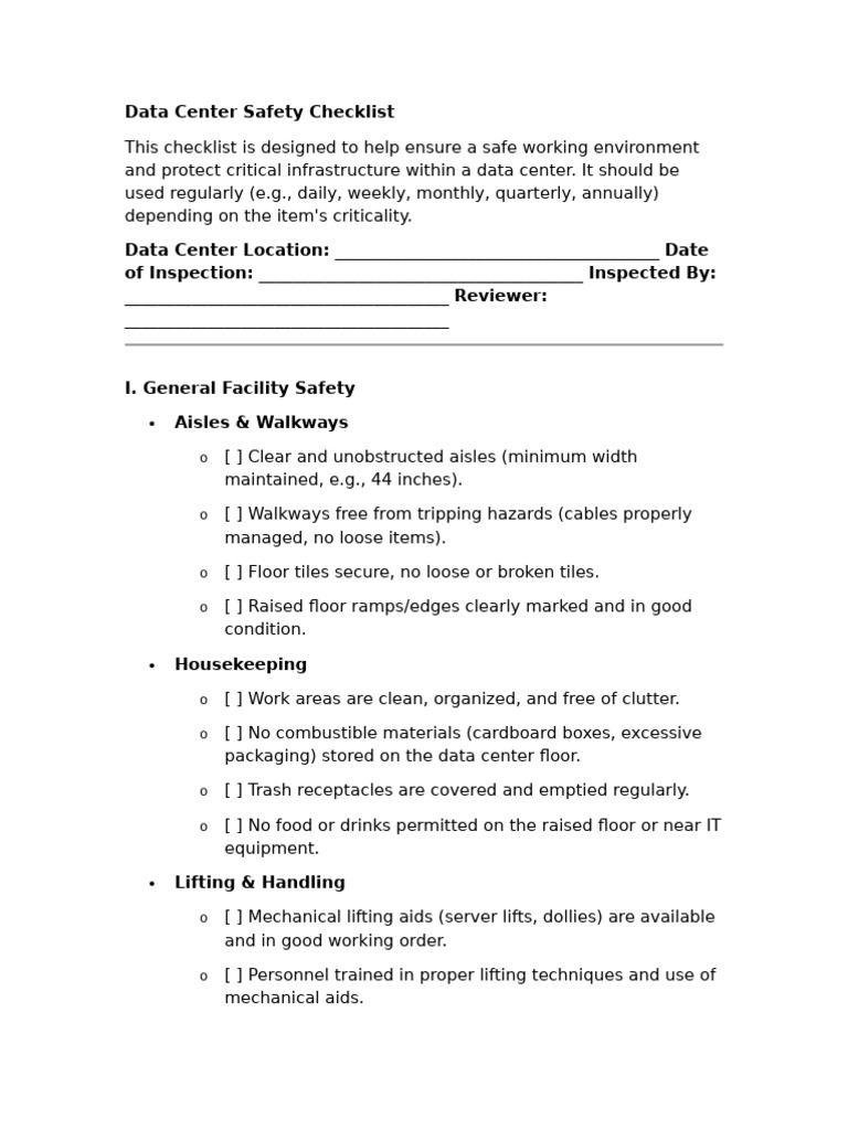 Data CEnter Safety Inspection Checklist | PDF | Data Center | Personal ...