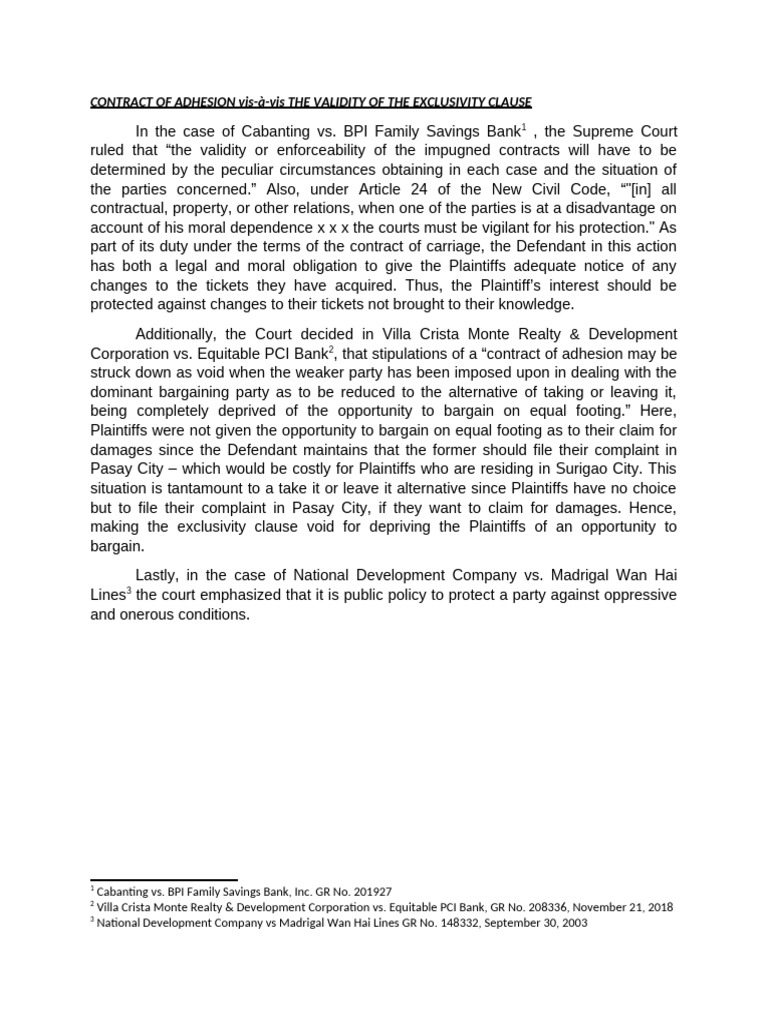 Contract of Adhesion Vis-A-Vis Validity of Ec | PDF