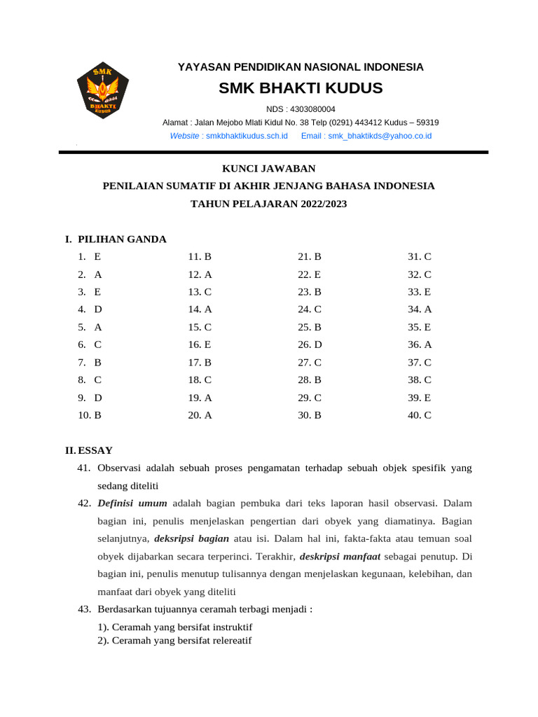 Kunci Jawaban Psaj Bahasa Indonesia 2022-2023 | PDF