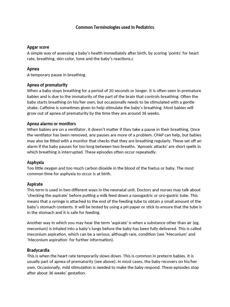 Common Terminologies Used in Pediatrics | PDF | Preterm Birth | Neonatal Intensive Care Unit