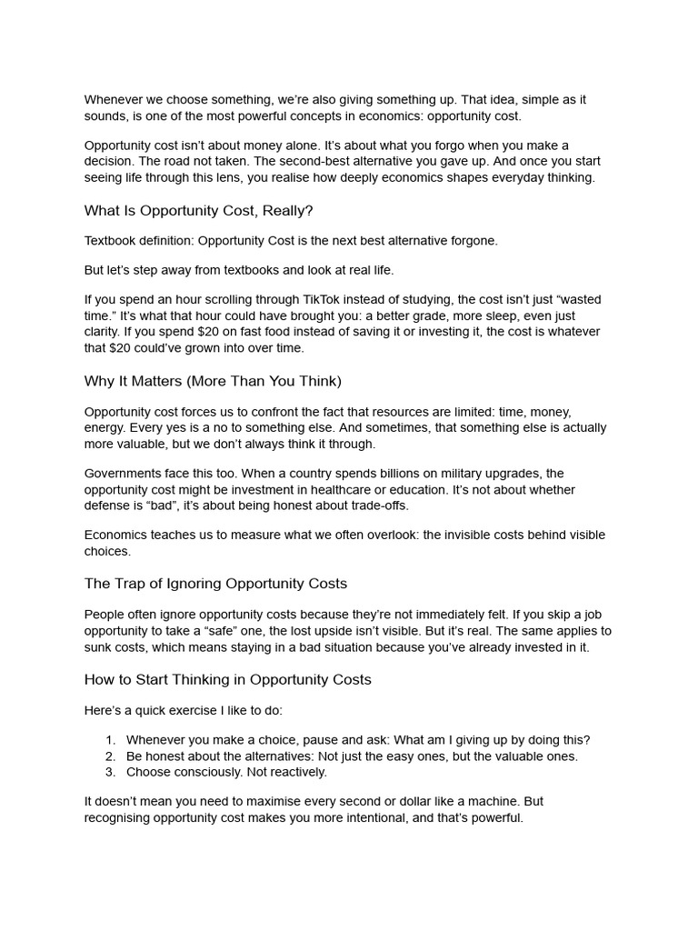 The Cost of Every Choice - Understanding Opportunity Cost | PDF