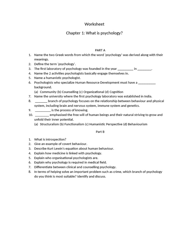Introduction to Psychology Worksheet | PDF