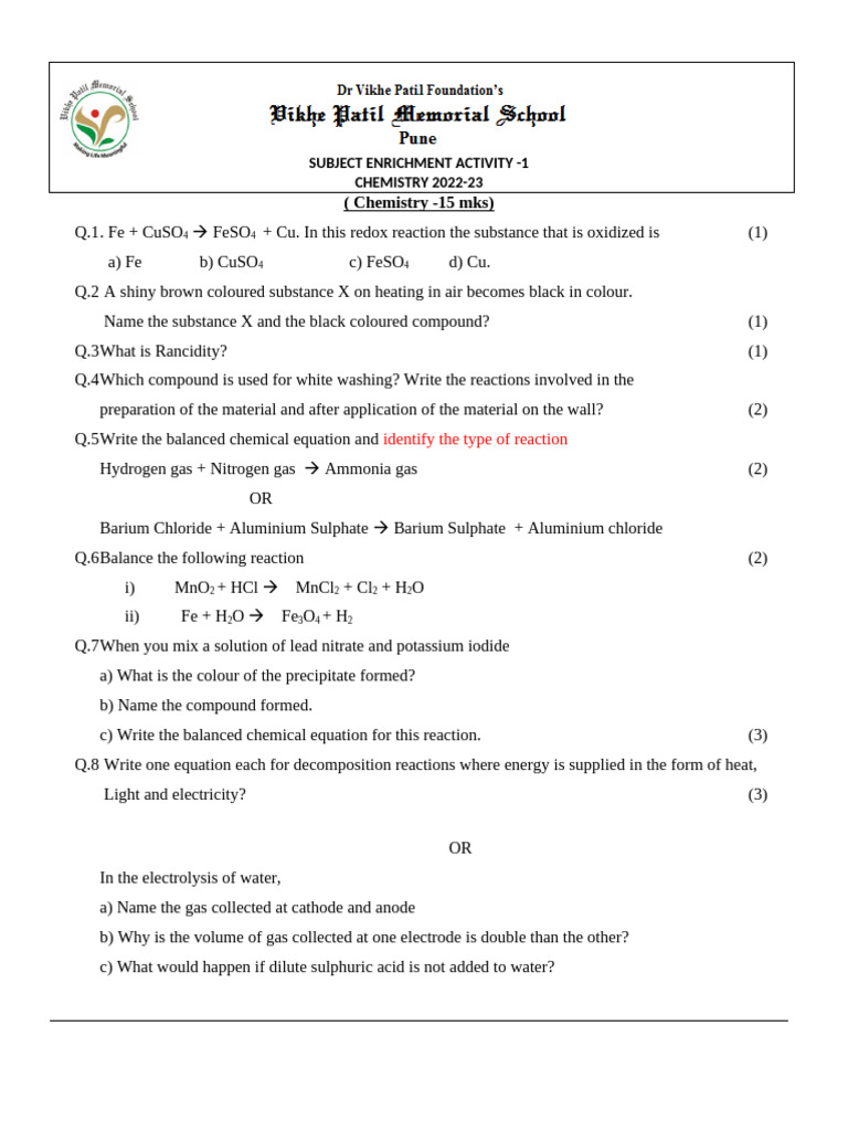 (Chemistry - 15 MKS) : Subject Enrichment Activity - 1 CHEMISTRY 2022 ...