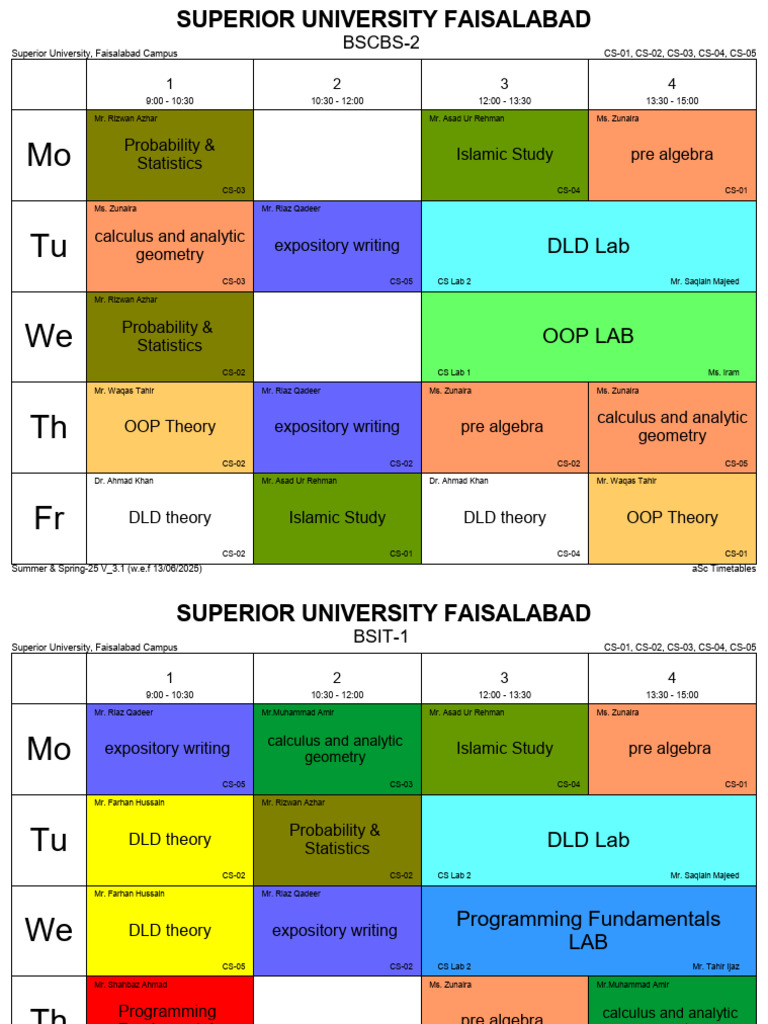 Class TimeTable Spring 2025 and Summer 2025 | PDF | Mathematics