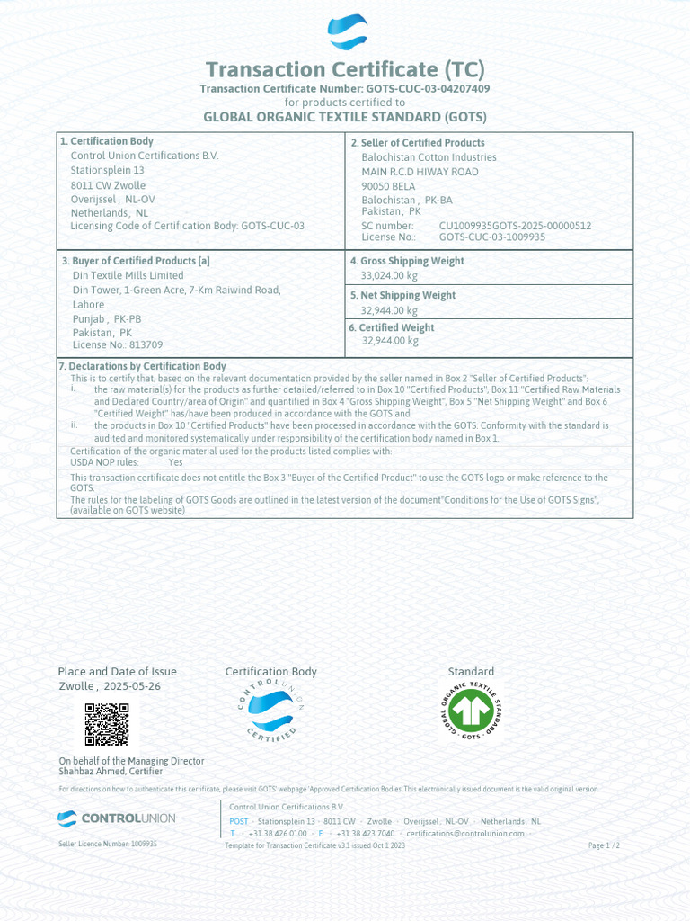 Transaction Certificate (TC) : Global Organic Textile Standard (Gots ...