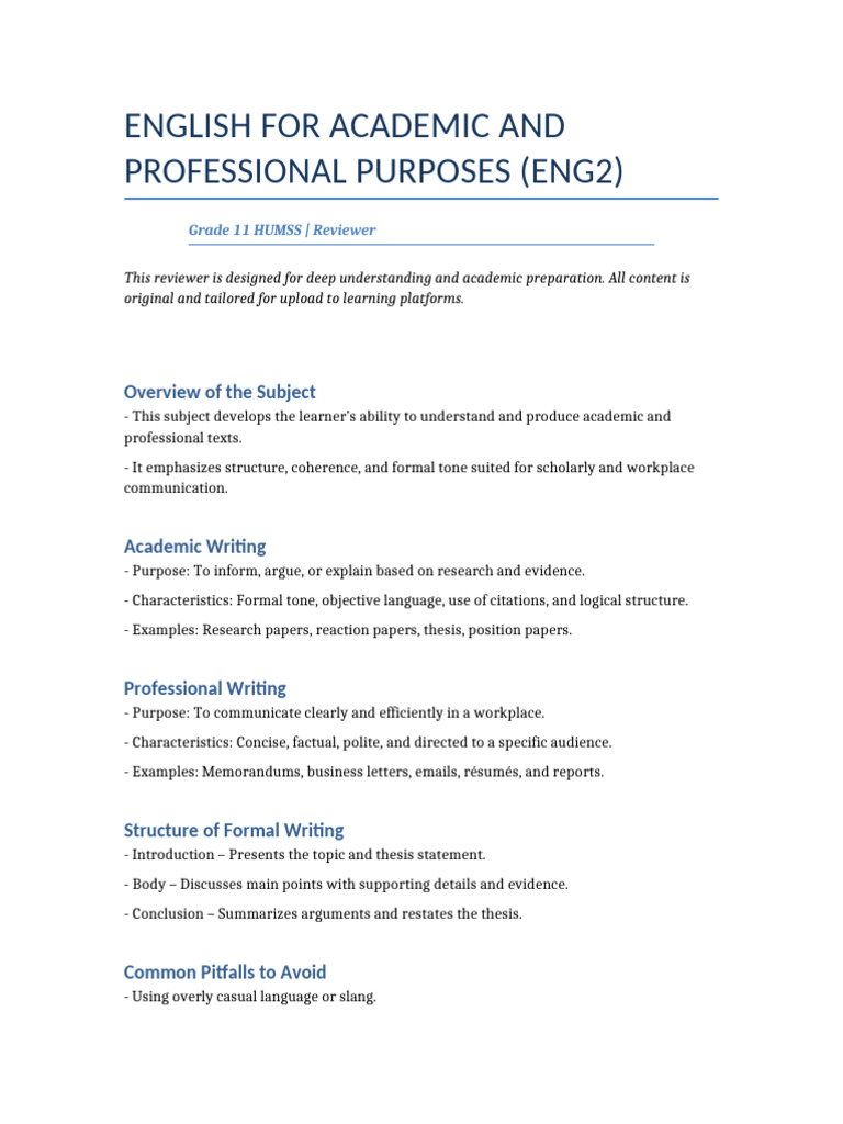 English For Academic and Professional Purposes ENG2 Expanded | PDF