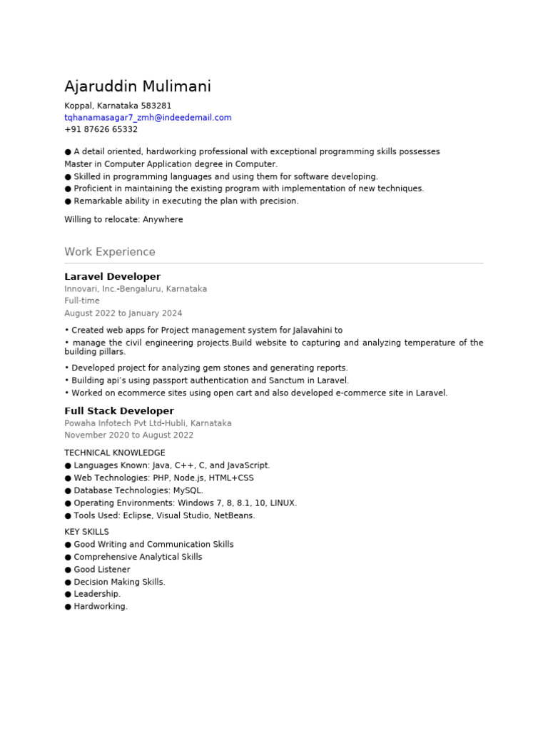 Laravel Developer Resume - Ajaruddin Mulimani | PDF