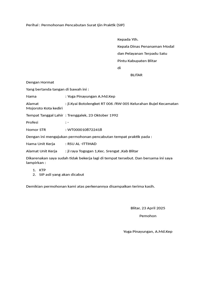 Permohonan Pencabutan Sip | PDF