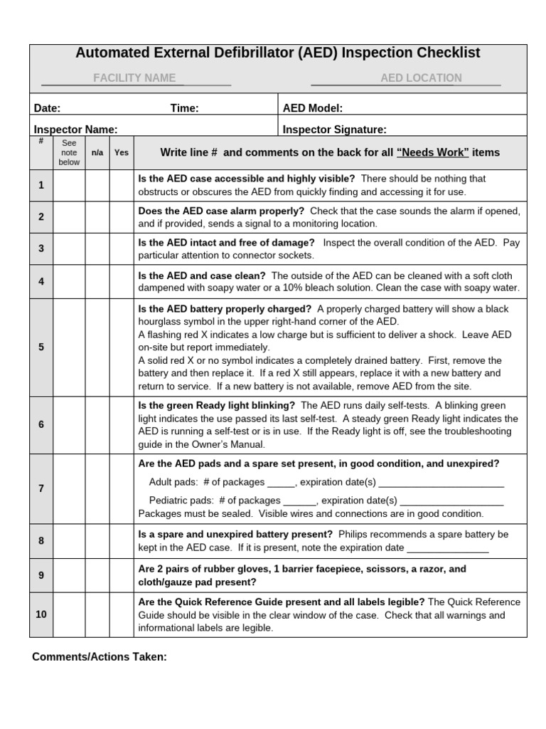 AED Inspection Checklist Template | PDF | Equipment | Manufactured Goods