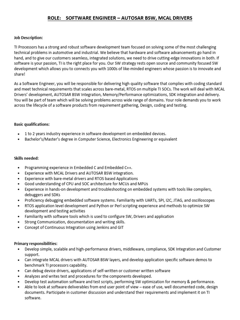 JD-Software Development Engineer-MCAL | PDF | Embedded System | Software