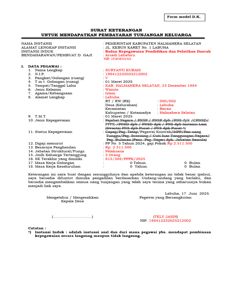 Contoh SKUM PNS dan Pengisian Tunjangan | PDF