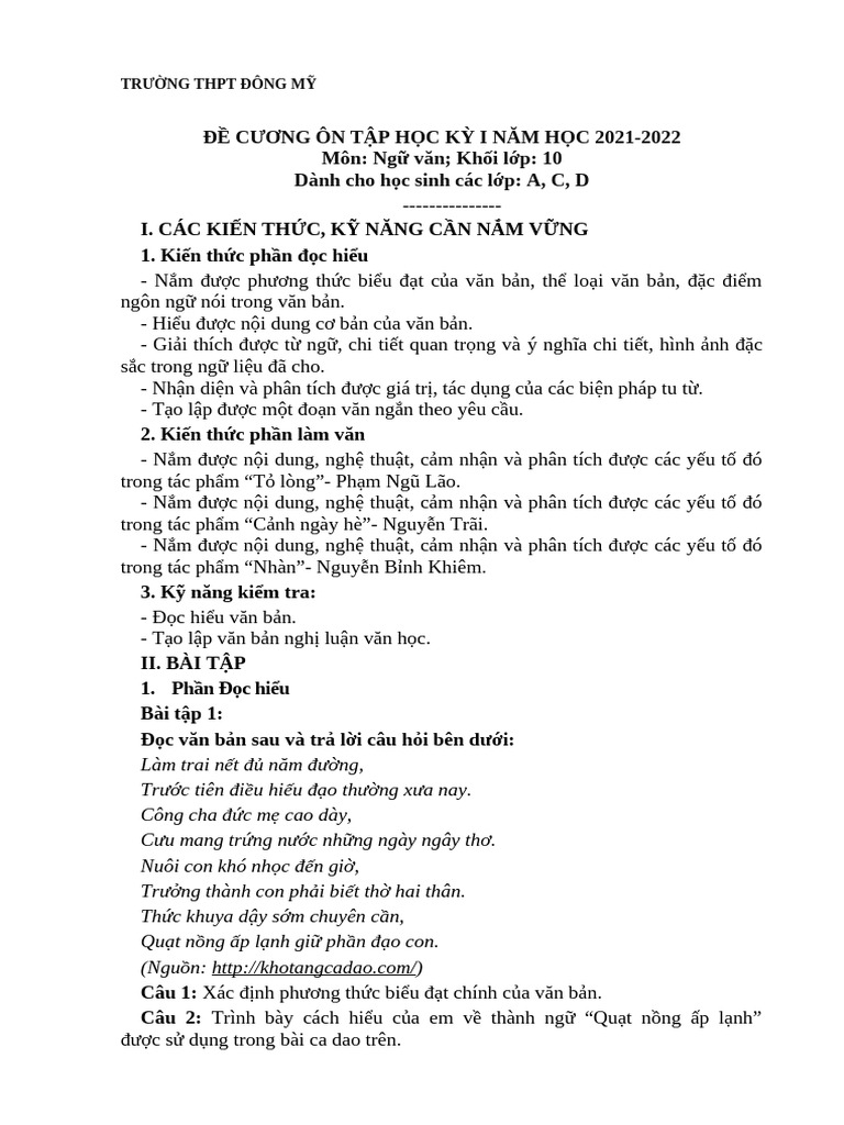 Đề Cương Ôn Tập HKI 2021-2022 Môn Ngữ Văn Lớp 10 | PDF