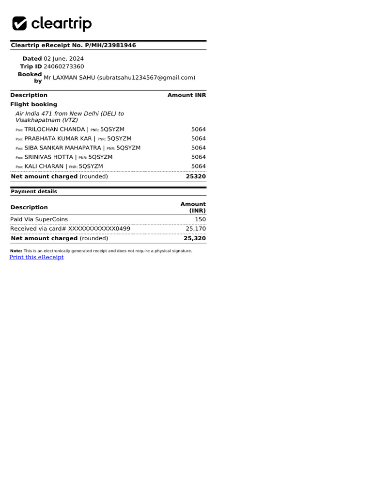 Cleartrip Receipt | PDF