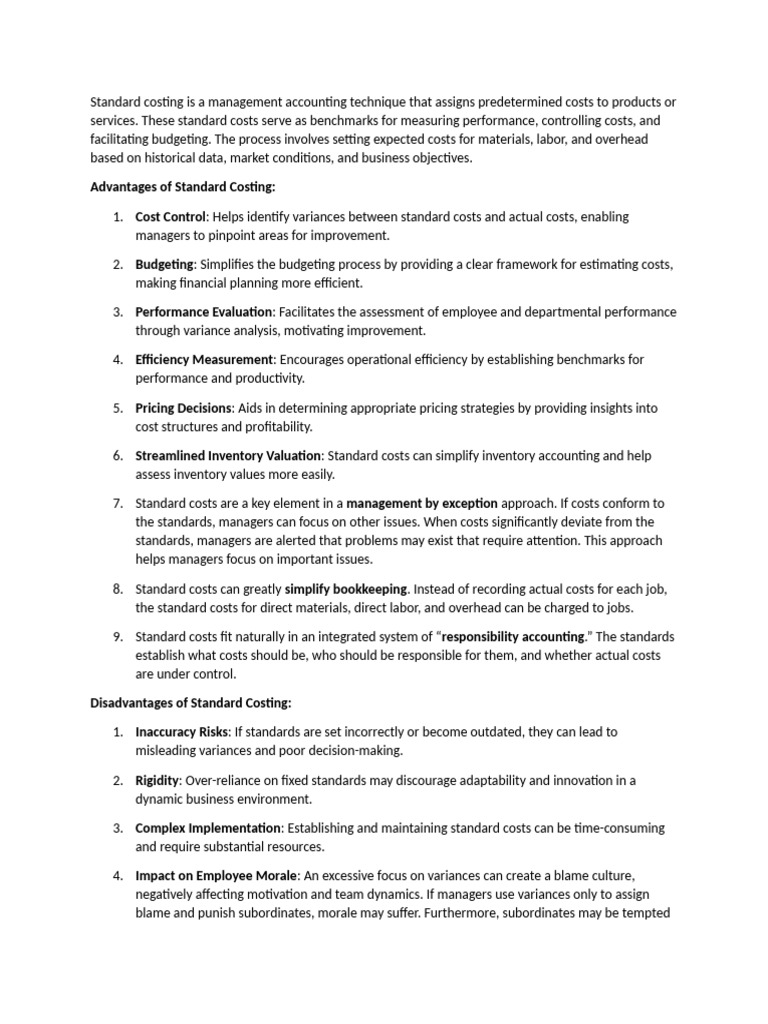 Standard Costing - Adv and Disadv | PDF | Inventory | Cost Accounting