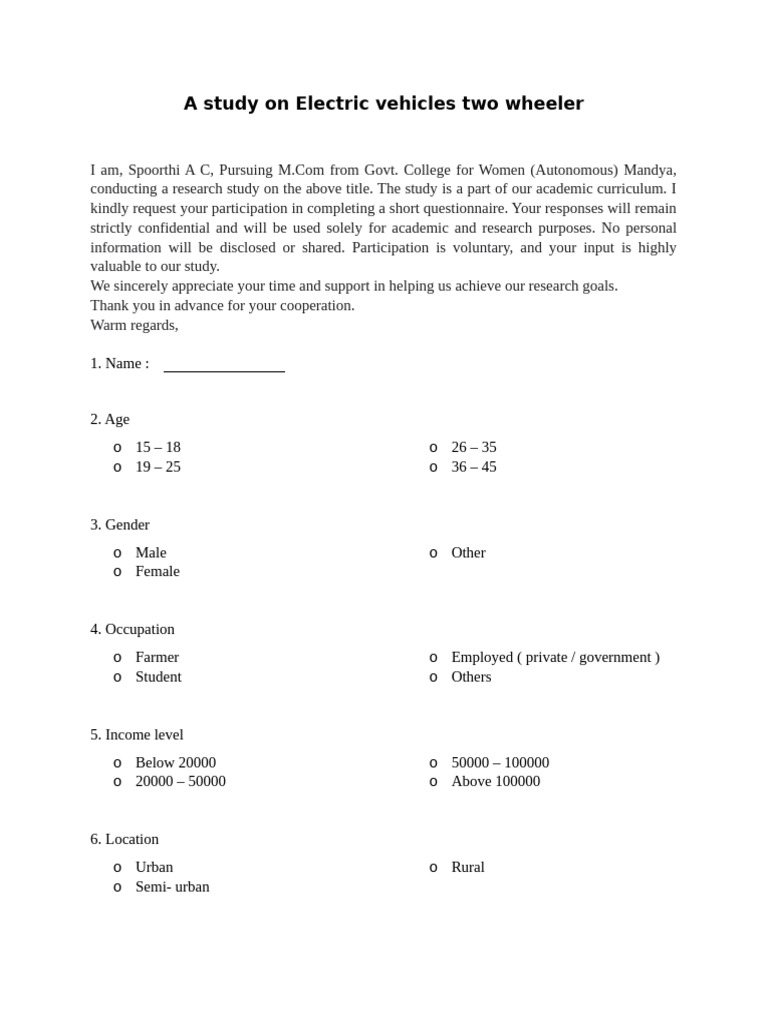 Questionnaire On Electrical Vehicles in Mandya | PDF | Electric Vehicle