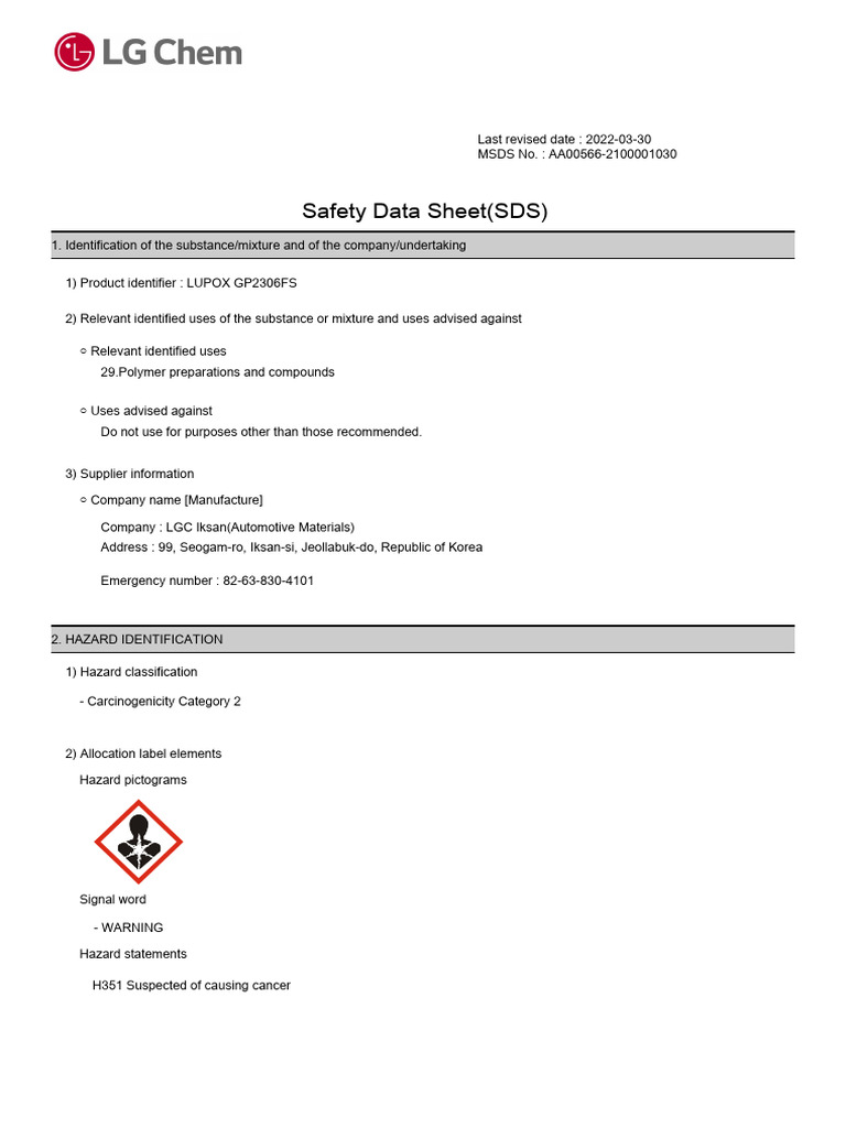 MSDS Resin PP Lupox GP2306FS | PDF | Toxicity | Occupational Safety And ...