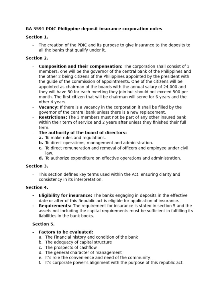Notes On RA 3591 PDIC Philippine Deposit Insurance Corporation | PDF